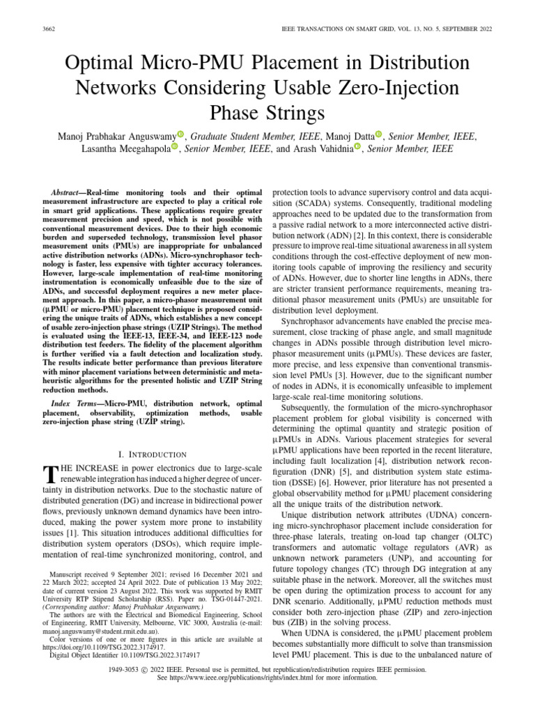 Optimal Micro-PMU Placement in Distribution Networks Considering Usable Zero-Injection Phase ...