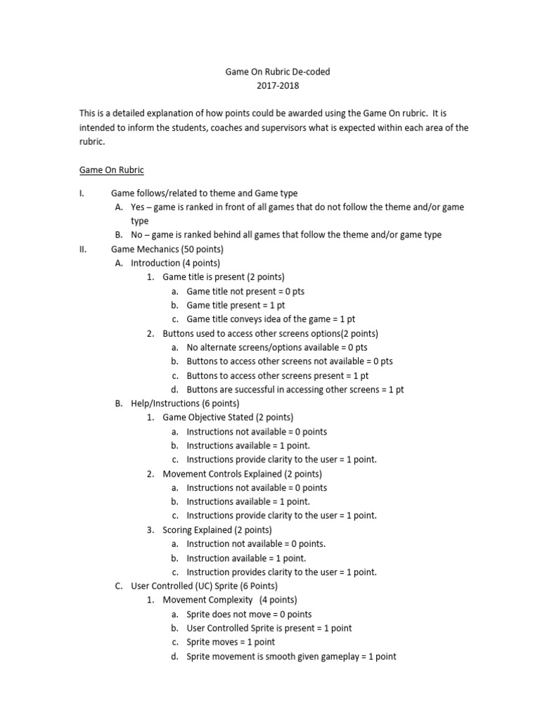 Game On Rubric 17 18 Explained Pdf
