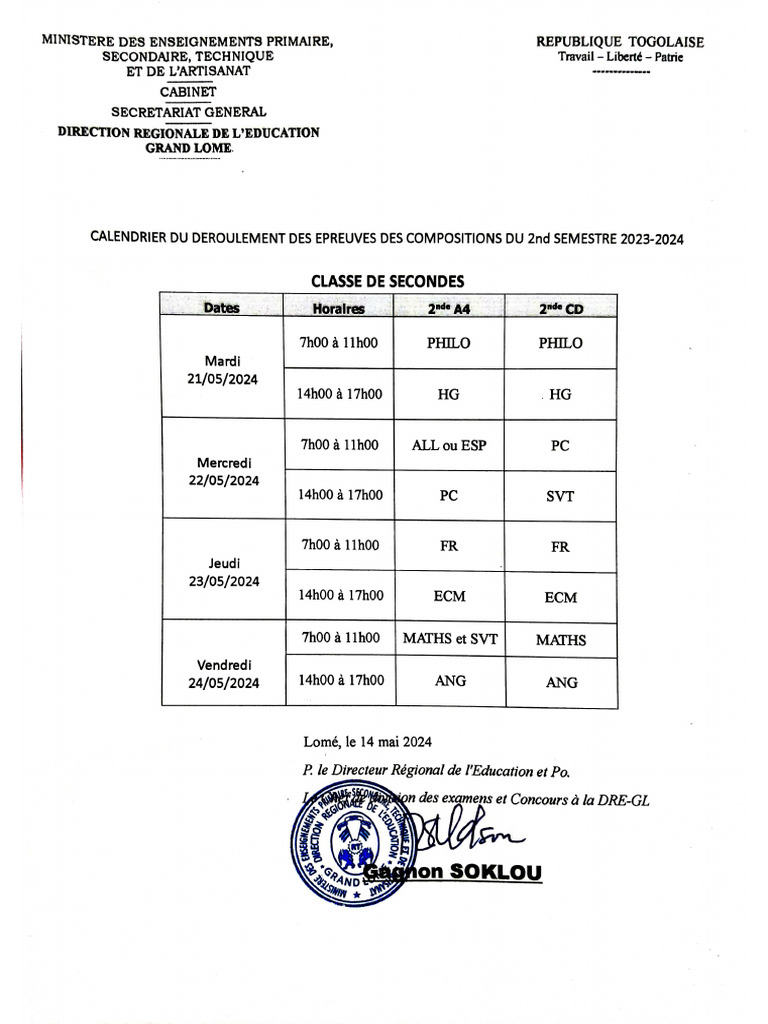 DRE_GL_Calendrier de composition du 2e Semestre_Classe de Seconde | PDF