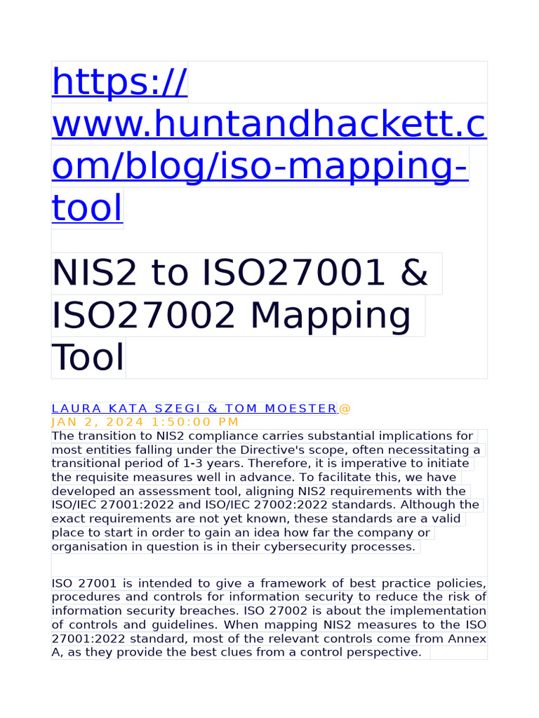 NIS2 To ISO27001 & ISO27002 Mapping Tool | PDF