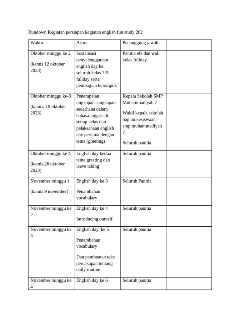 jadwal kegiatan english day persiapan efs | PDF