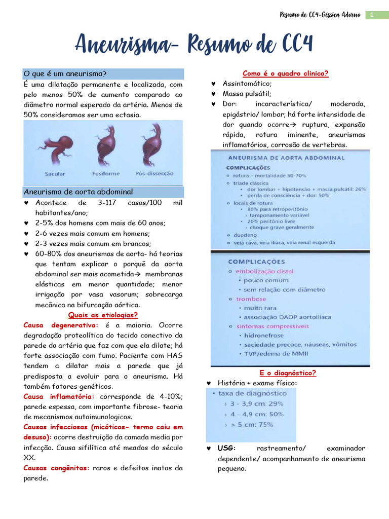 Aneurisma - Resumo de CC4 PDF | PDF | Angiology | Cardiovascular System