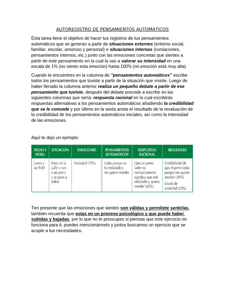 Autoregistro De Pensamientos Automaticos Docx 1 Pdf