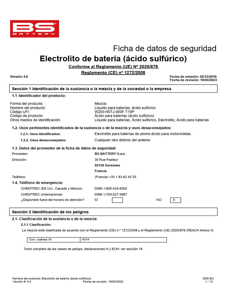 BS Battery MSDS Acid Pack Un2796 B V4 Es | PDF