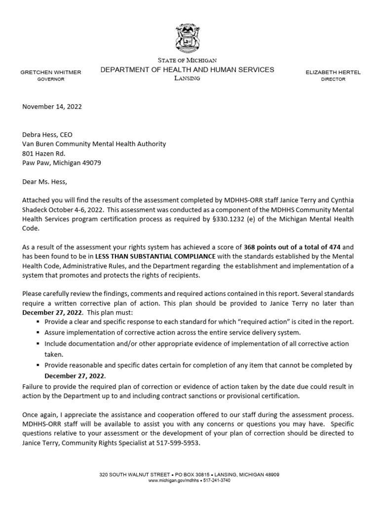 FY22 Recipient Rights Assessment - Van Buren CMH | PDF