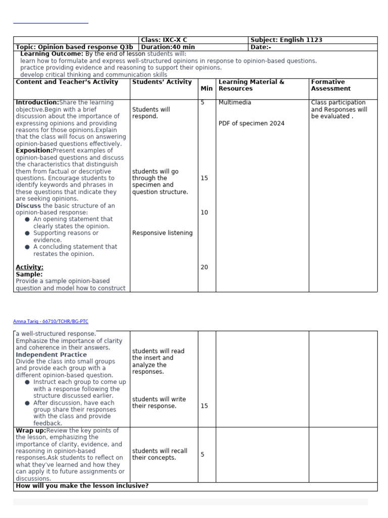 Evaluation - Opinion 3b Lesson Plan | PDF