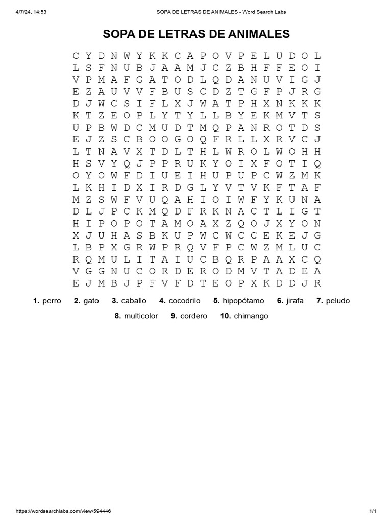 SOPA DE LETRAS DE ANIMALES - Word Search Labs | PDF