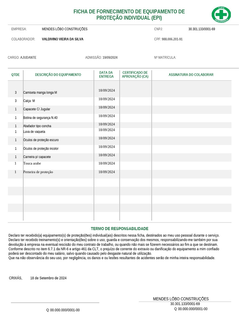 Ficha de Epi | PDF