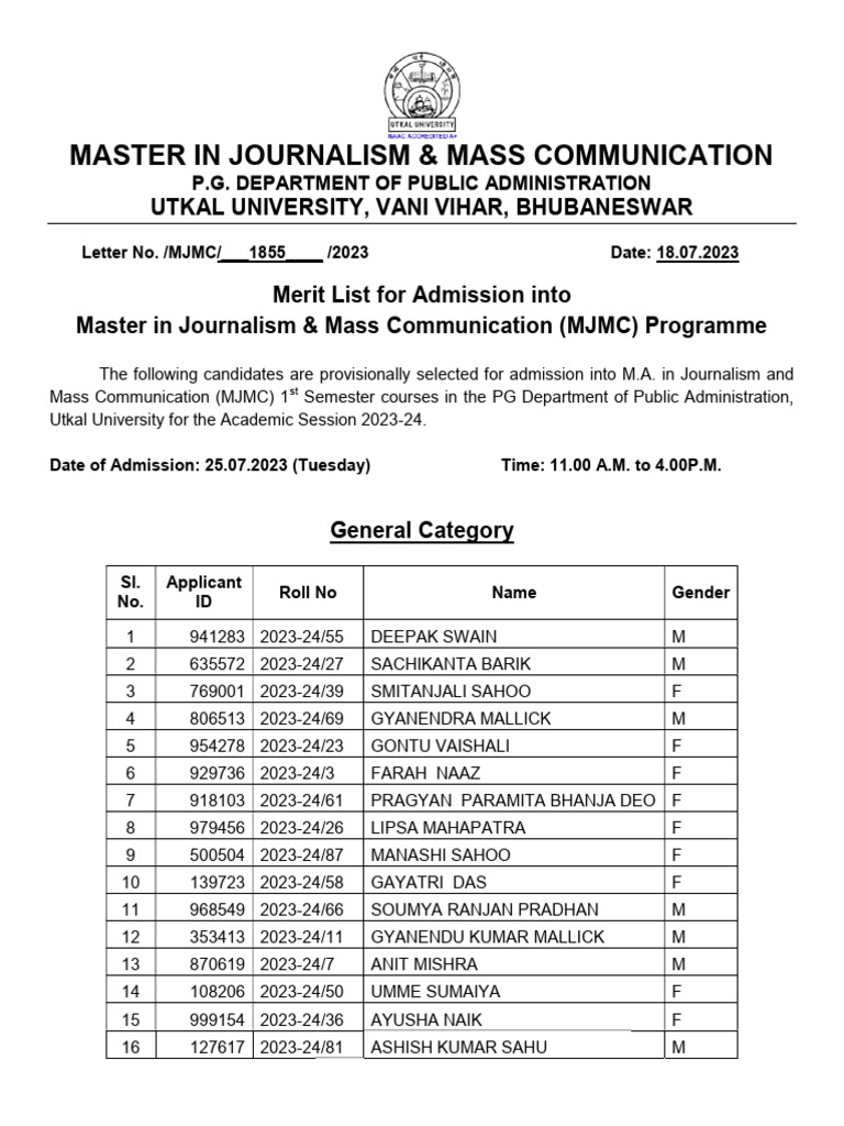 MJMC Merit List 2023 24 | PDF