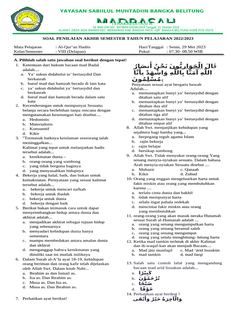 Soal PAS Quran Hadits Kelas 8 | PDF