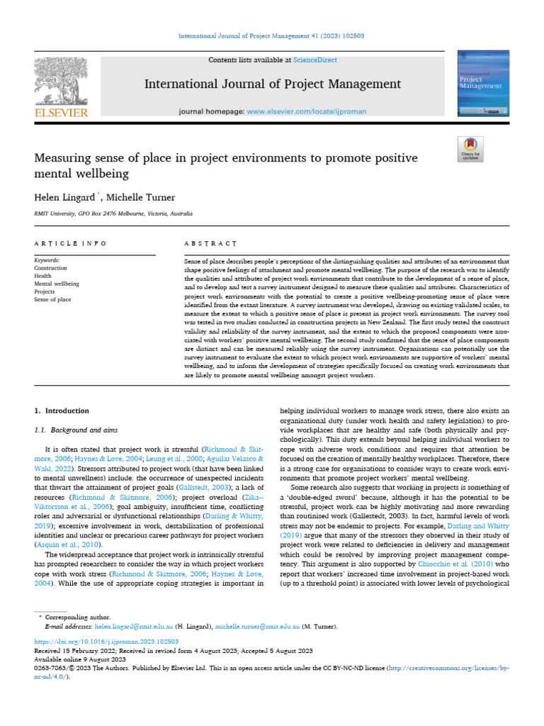 Measuring sense of place in project environments to promote positive ...