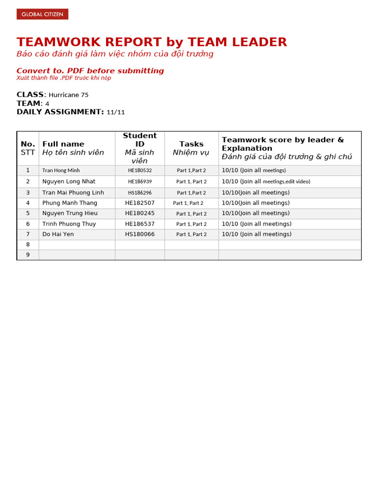 Hurricane 75 - Team 4 - Teamwork Report 8.11 | PDF