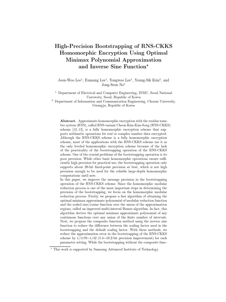 High-Precision Bootstrapping of RNS-CKKS Homomorphic Encryption Using Optimal Minimax Polynomial ...