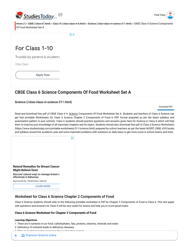 CBSE Class 6 Science Components of Food Worksheet Set A | PDF