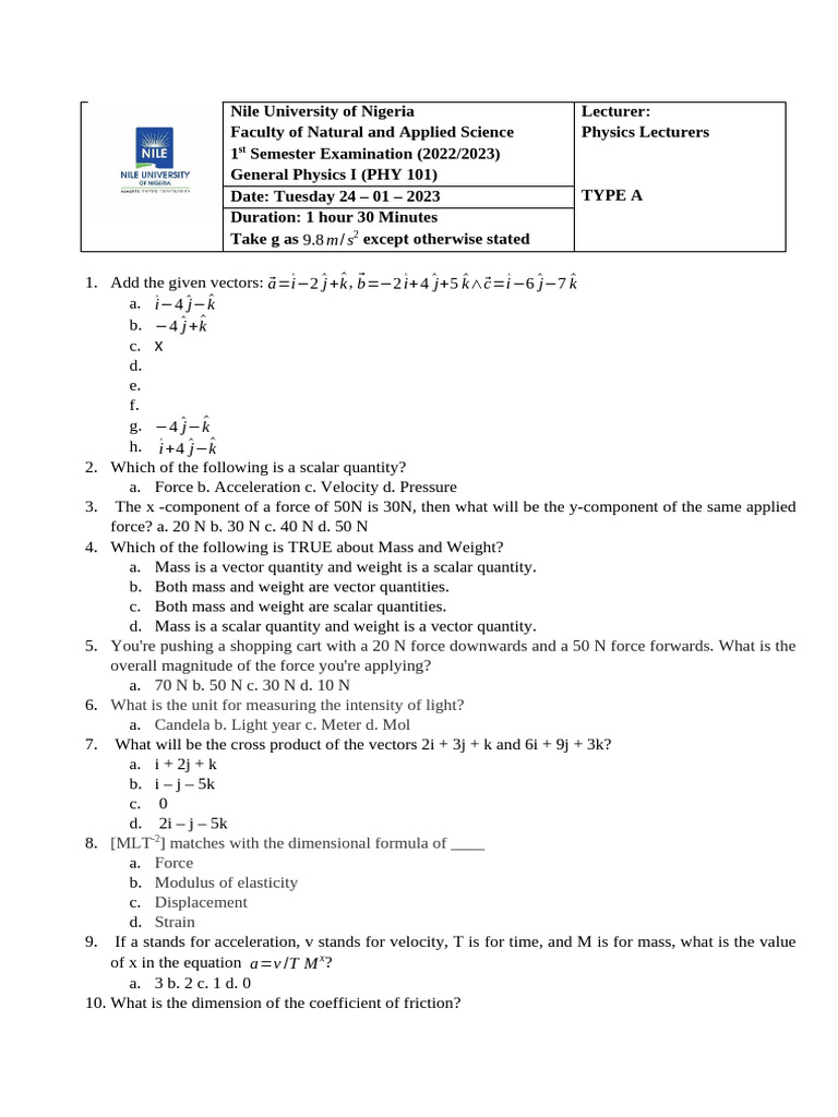 PHY 101 Final Examination 2022-2023 | PDF