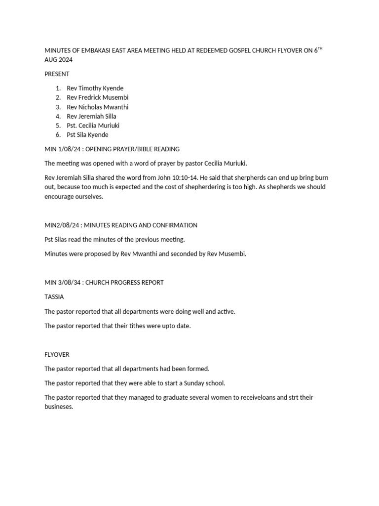 Minutes of Embakasi East Area Meeting Held at Redeemed Gospel Church ...