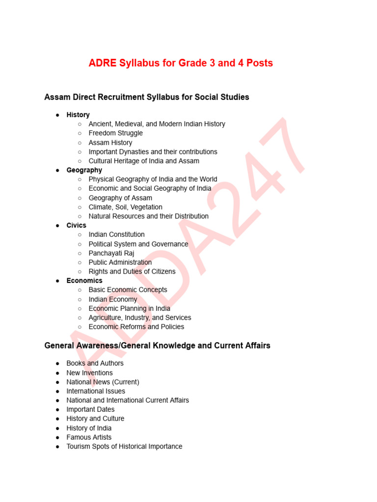 ADRE Syllabus For Grade 3 and 4 Posts | PDF