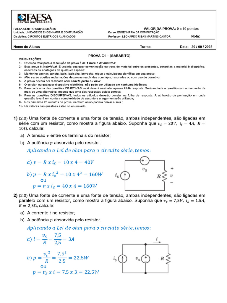 Prova C1.A2 - Circuitos Elétricos 2023-2 (Gabarito) | PDF