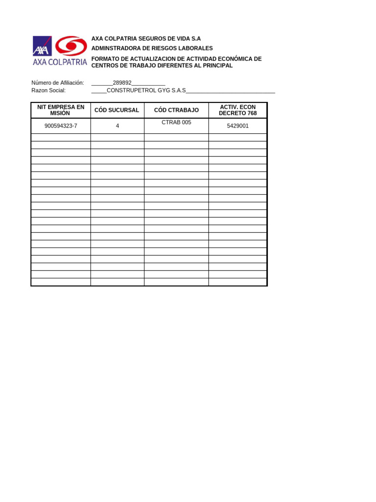 Arl Formato Novedad Cambio Actividad Económica Centros de Trabajo Decreto 768 - 22 | PDF