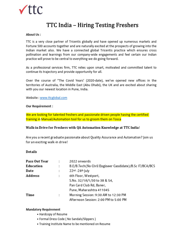 TTC India - Testing Freshers Drive - 2024-22nd To 24th July 24 | PDF