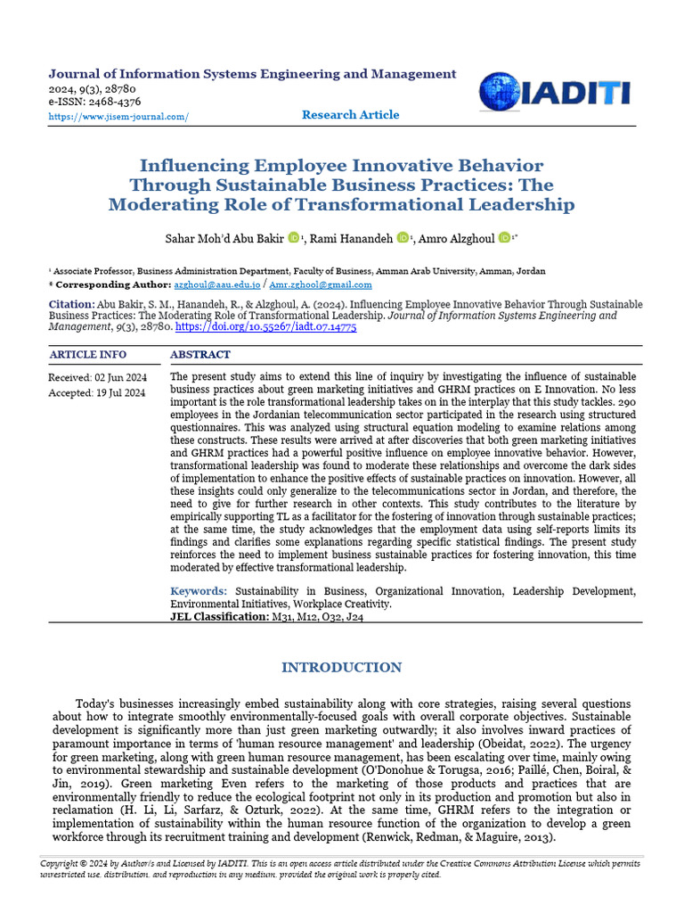 Influencing Employee Innovative Behavior Through Sustainable Business ...