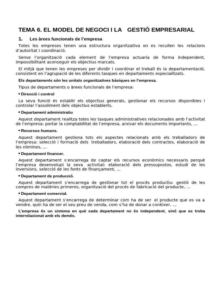 Bloc 2 - Tema 6. El Model de Negoci I La Gestio Empresarial | PDF