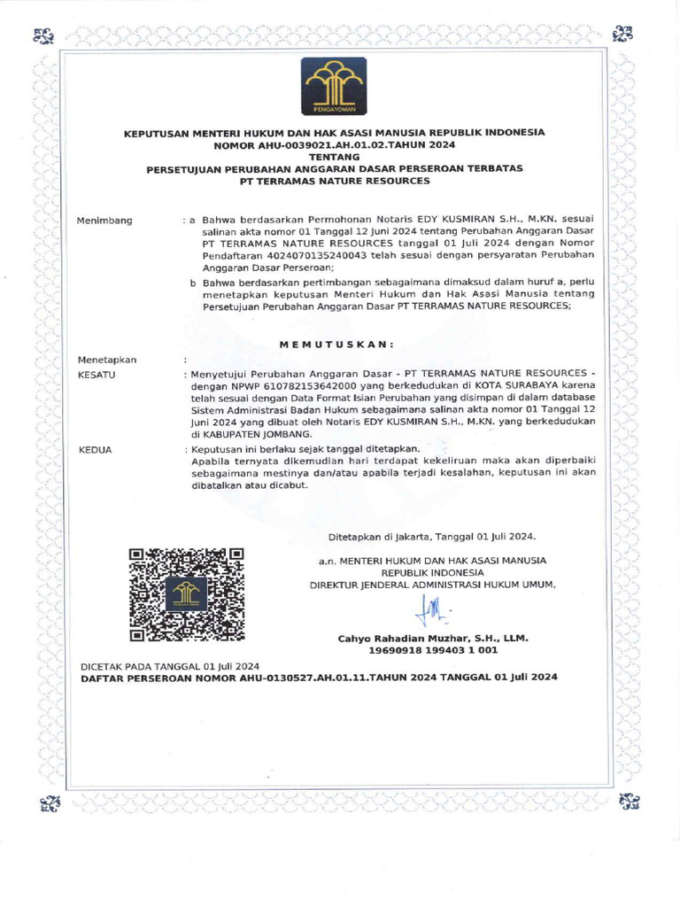 SK Ahu PT Teramas Akta No 01, 12 Juni 2024 | PDF