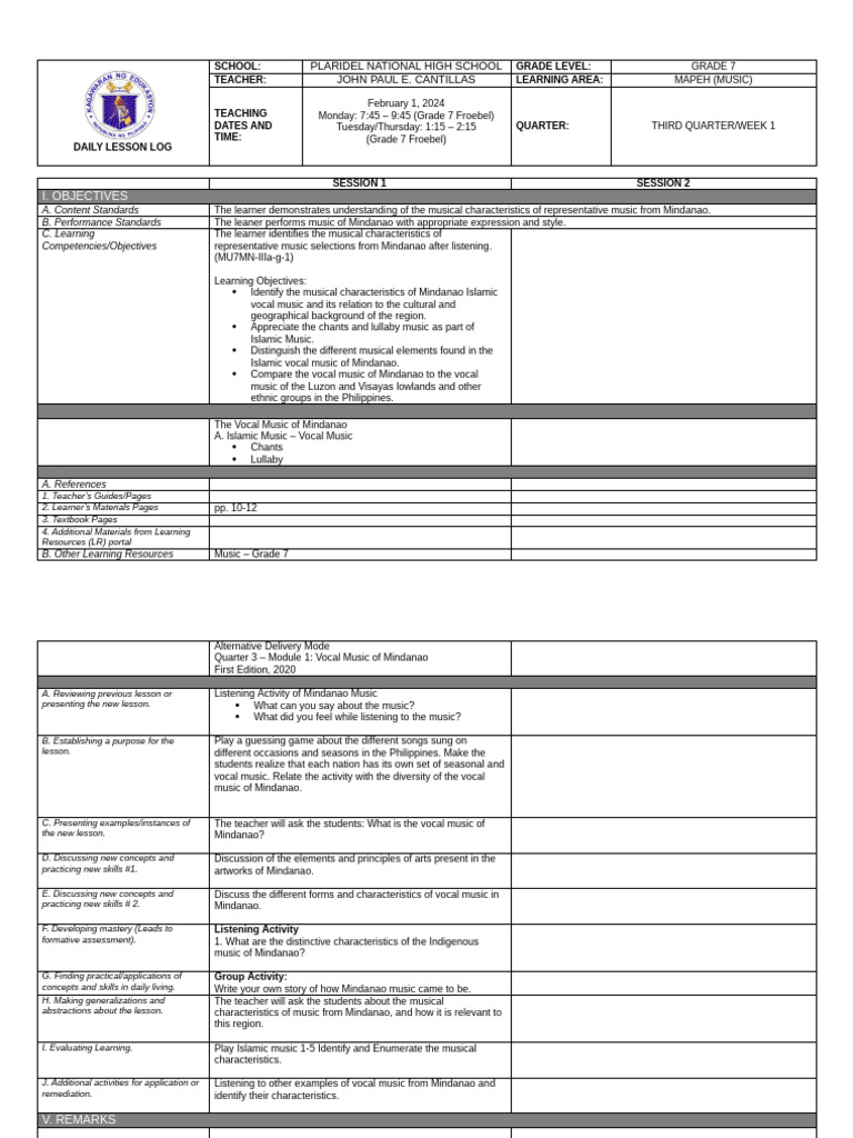 Mapeh 7 Q3 Week1.0 (Music) Daily Lesson Log | PDF