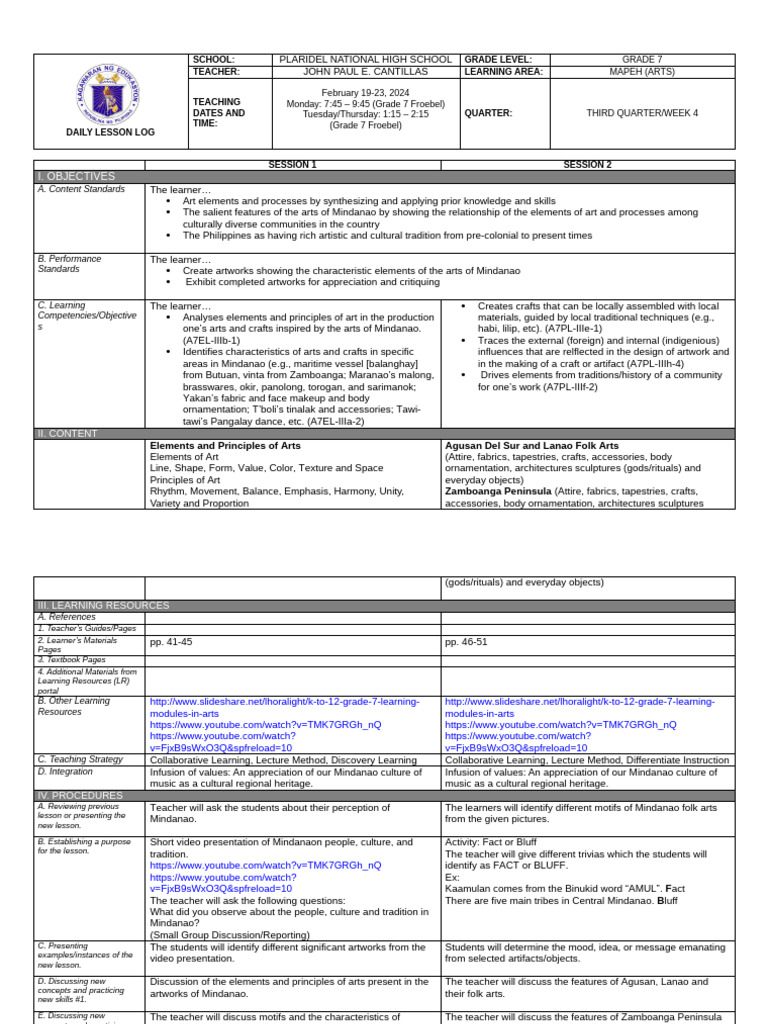MAPEH 7 Q3 WEEK4.0(ARTS) DAILY LESSON LOG | PDF