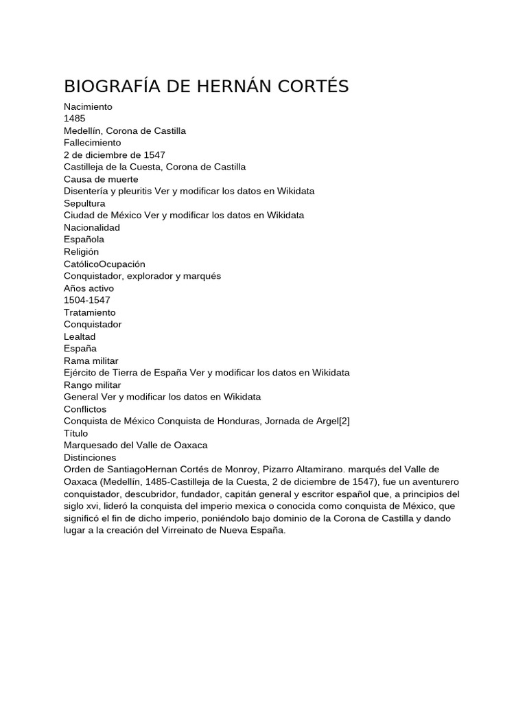 BIOGRAFÍA DE HERNÁN CORTÉS | PDF