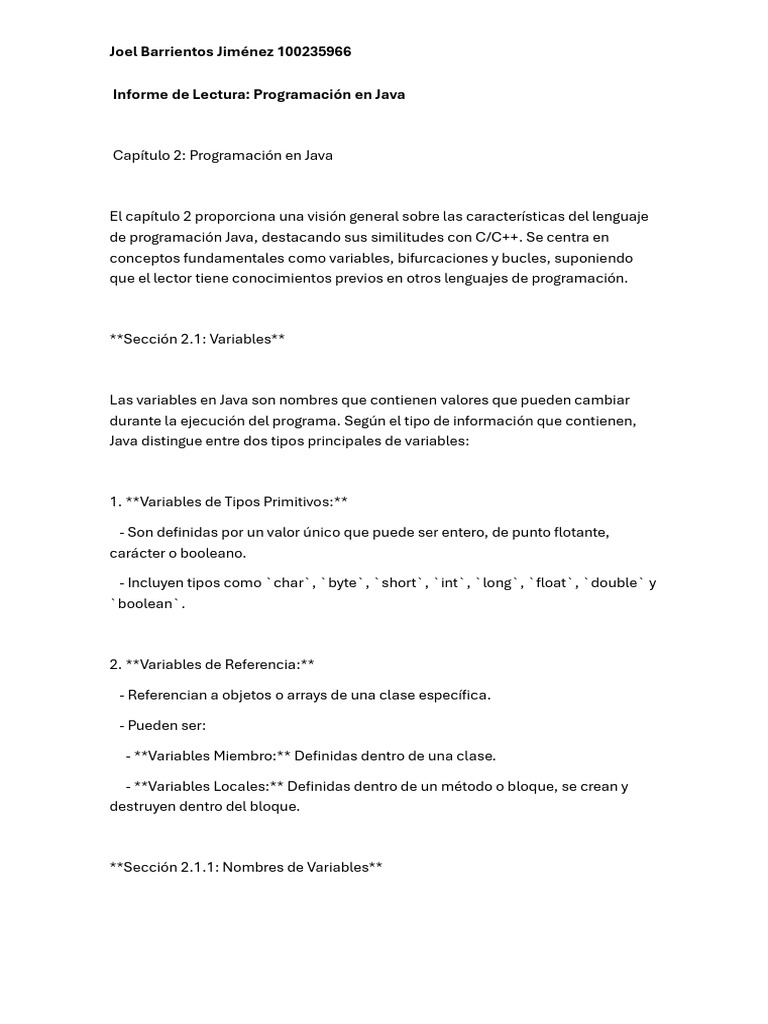 Informe de Lectura | PDF | Java (lenguaje de programación) | Variable (informática)