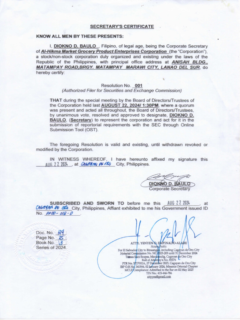 Secretary Cert. | PDF