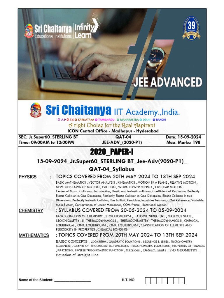 15-09-2024 JR - Super60 Sterling BT Jee-Adv (2020-p1) Qat-04 Q. Paper | PDF