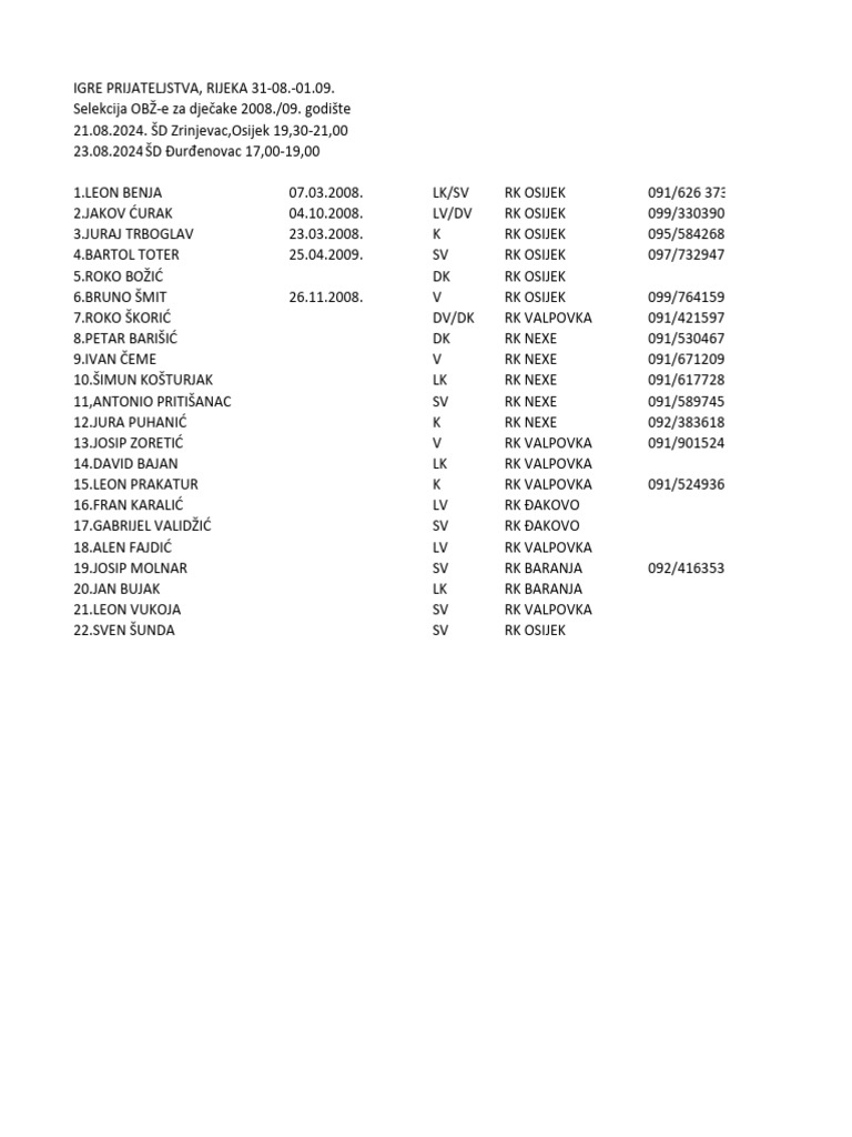 Igre Prijateljstva 30.08.-01.09. 2024. Rijeka | PDF