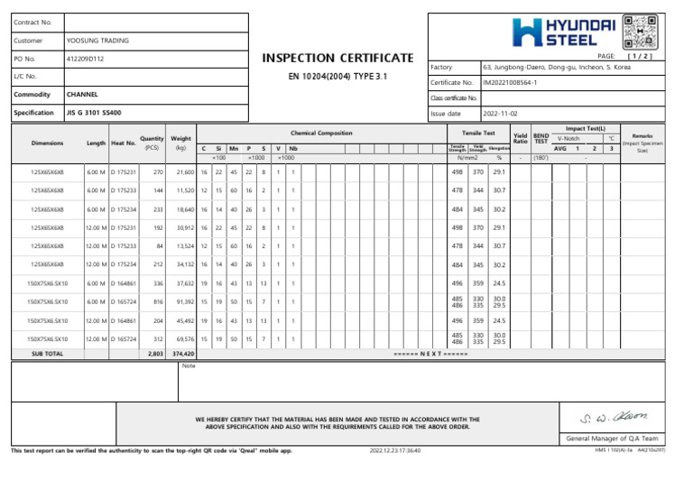 Inspection Certificate: EN 10204 (2004) TYPE 3.1 | PDF