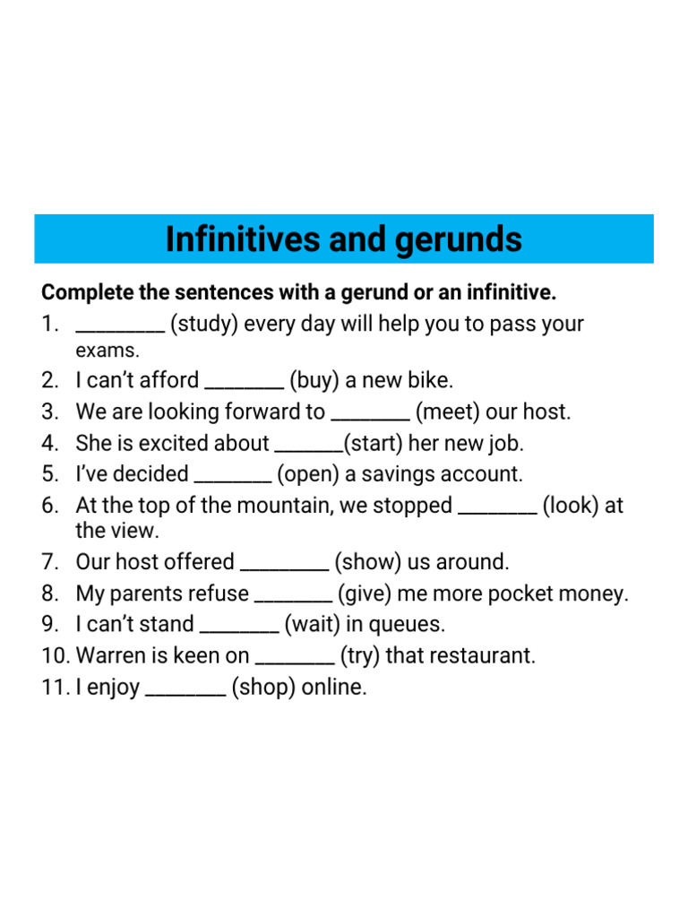 Infinitives and Gerunds Exercises-Print | PDF