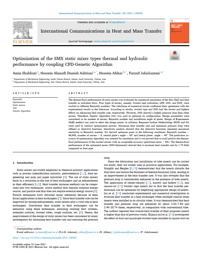 Optimization of the SMX static mixer types thermal and hydraulic ...