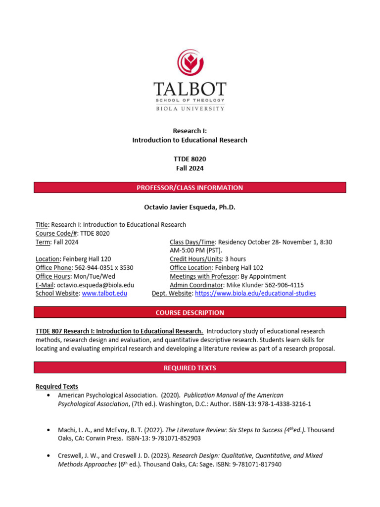 TTDE 8020 EdResearch I Syllabus-Fall2024 | PDF