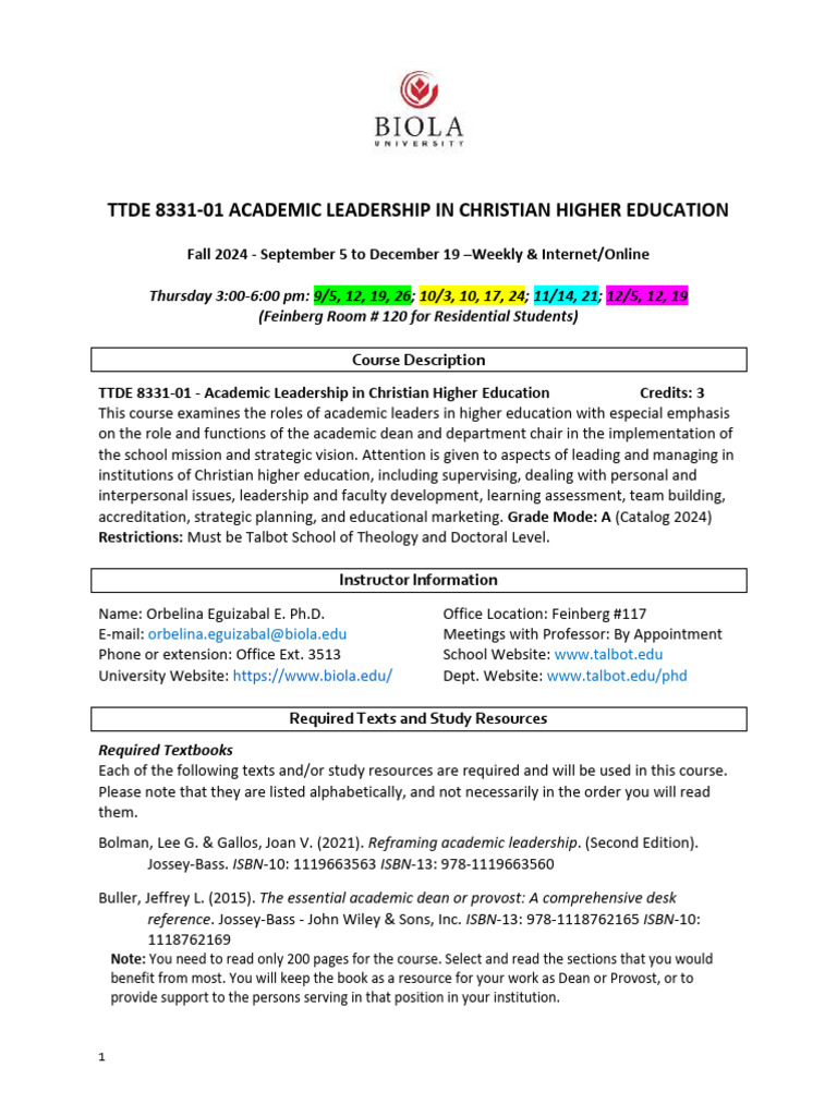 TTDE 8331 - Academic Leadership in CHE - Syllabus - Fall 2024 | PDF