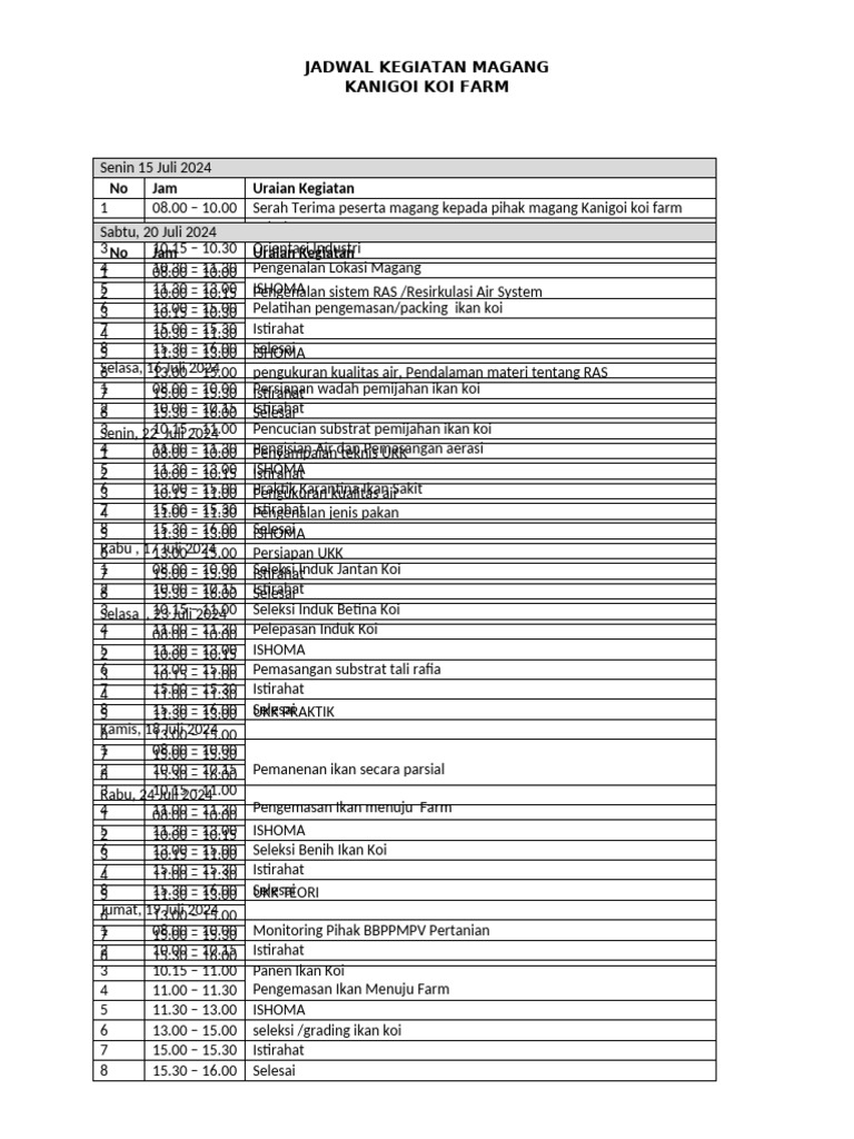 Jadwal Kegiatan Magang | PDF