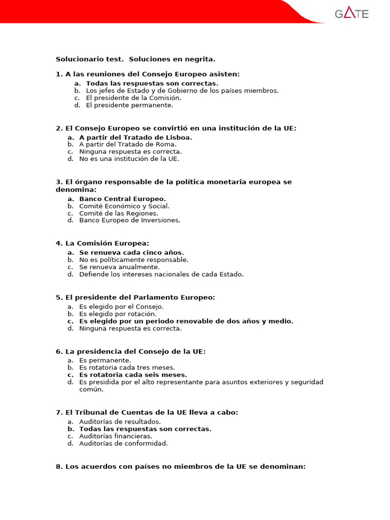 Solucionario Test Instituciones UE | PDF | Comisión Europea | Unión Europea