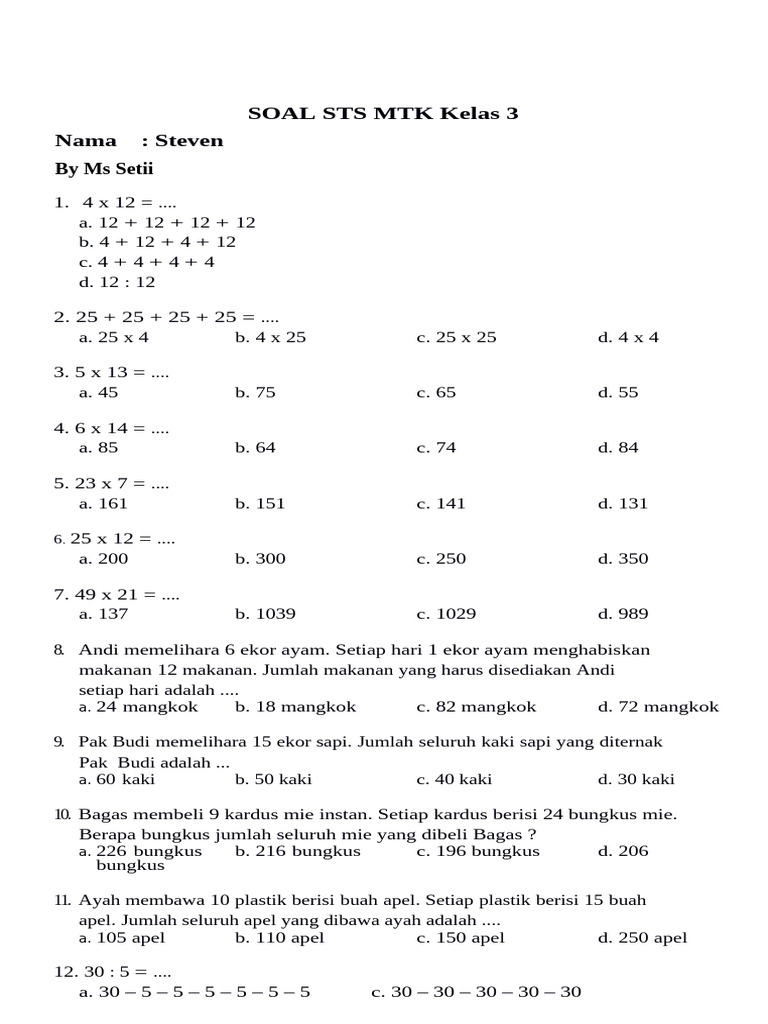 Soal STS MTK Kelas 3 Steven | PDF