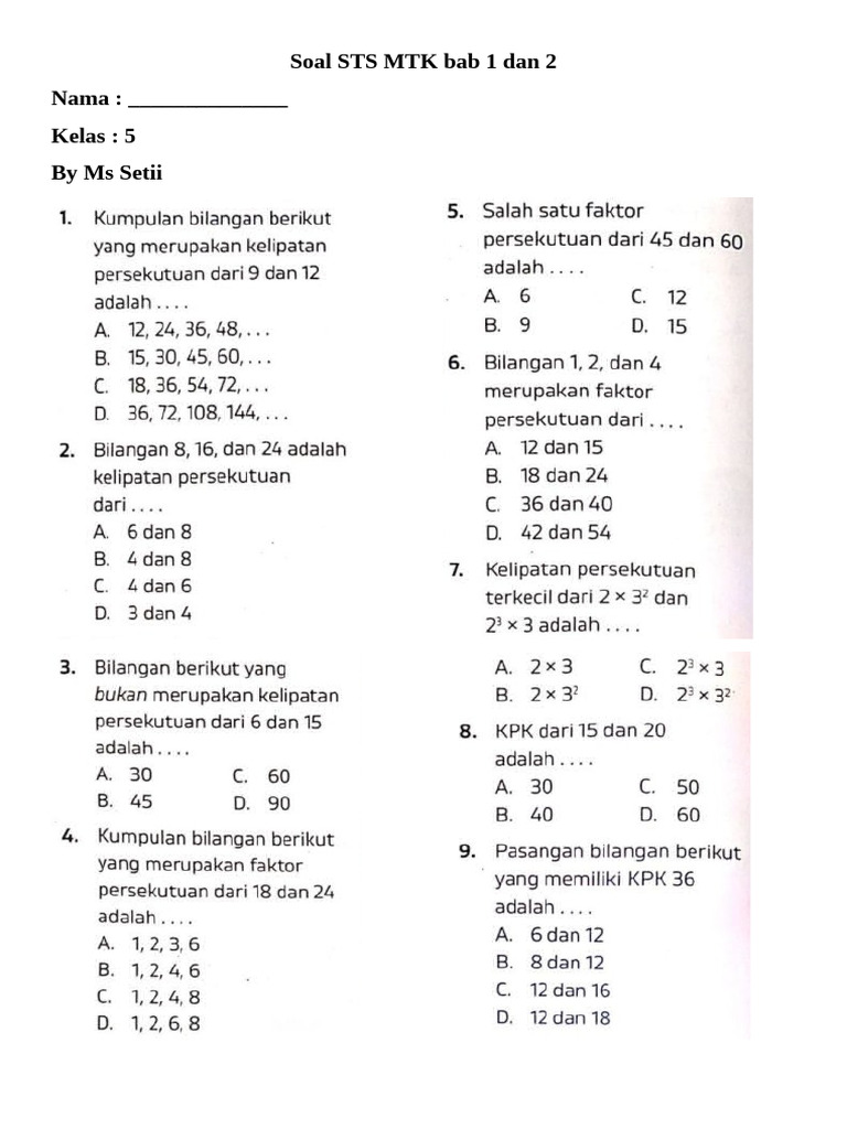 Soal STS MTK bab 1 dan 2 | PDF