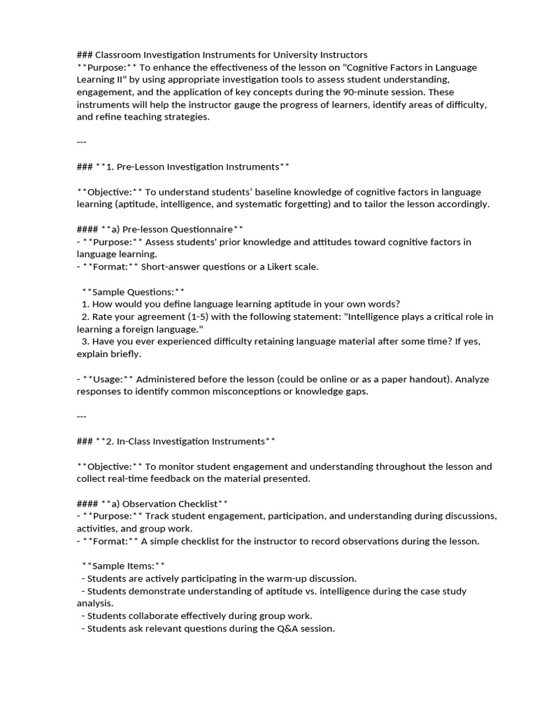 Classroom Investigation Instruments For University Instructors | PDF ...