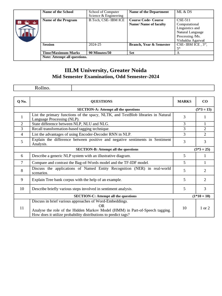 CSE-511 NLP Set A MId-sem QP | PDF