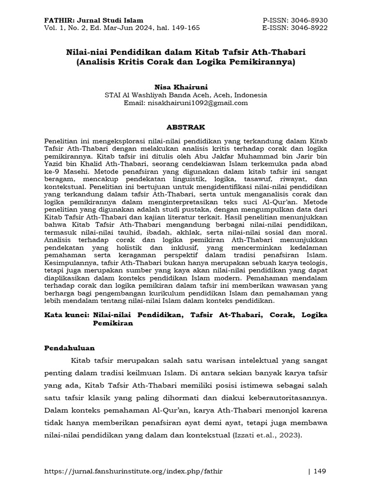Nisa Khairuni-Nilai-niai Pendidikan Dalam Kitab Tafsir Ath-Thabari ...