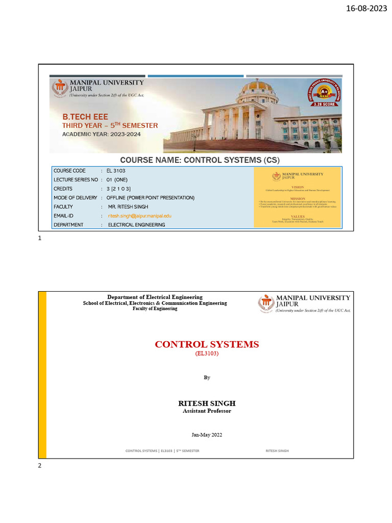B.Tech Eee: Course Name: Control Systems (CS) | PDF