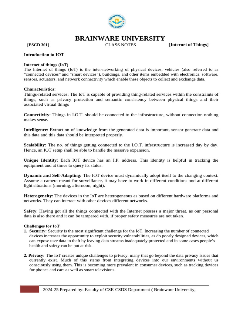 Brainware University: Internet of Things Introduction To IOT | PDF