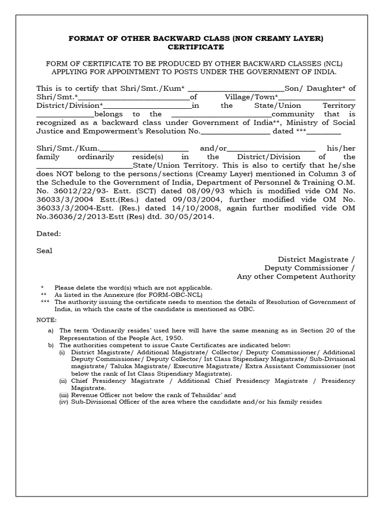 Format of Other Backward Class (Non Creamy Layer) Certificate | PDF