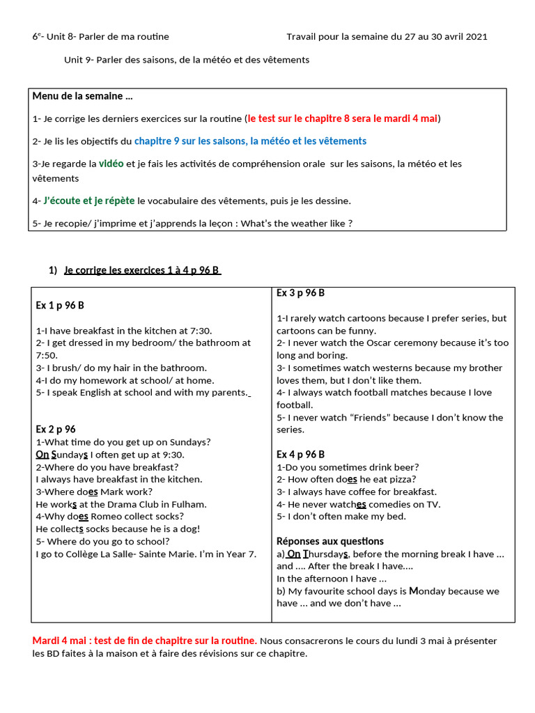 6e.unit 8 Travail Du 27 Au 30 Avril 2021 | PDF